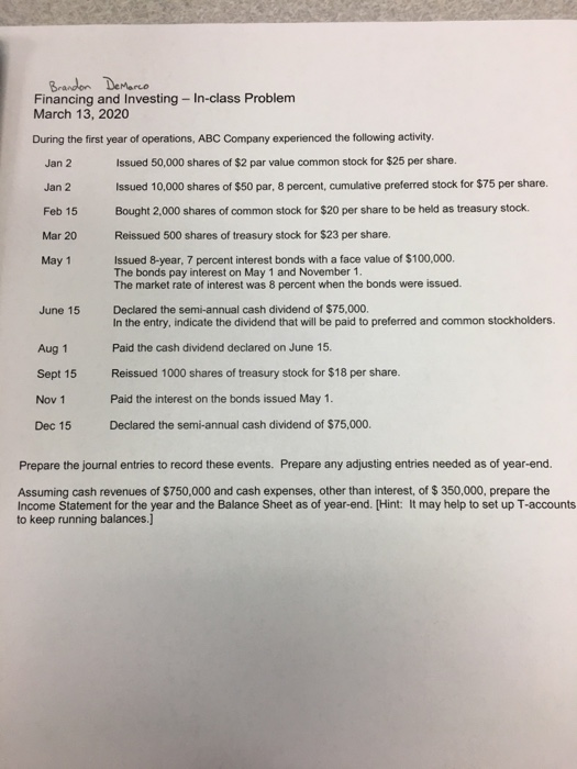 Brandon Demarco Financing and Investing - In-class | Chegg.com