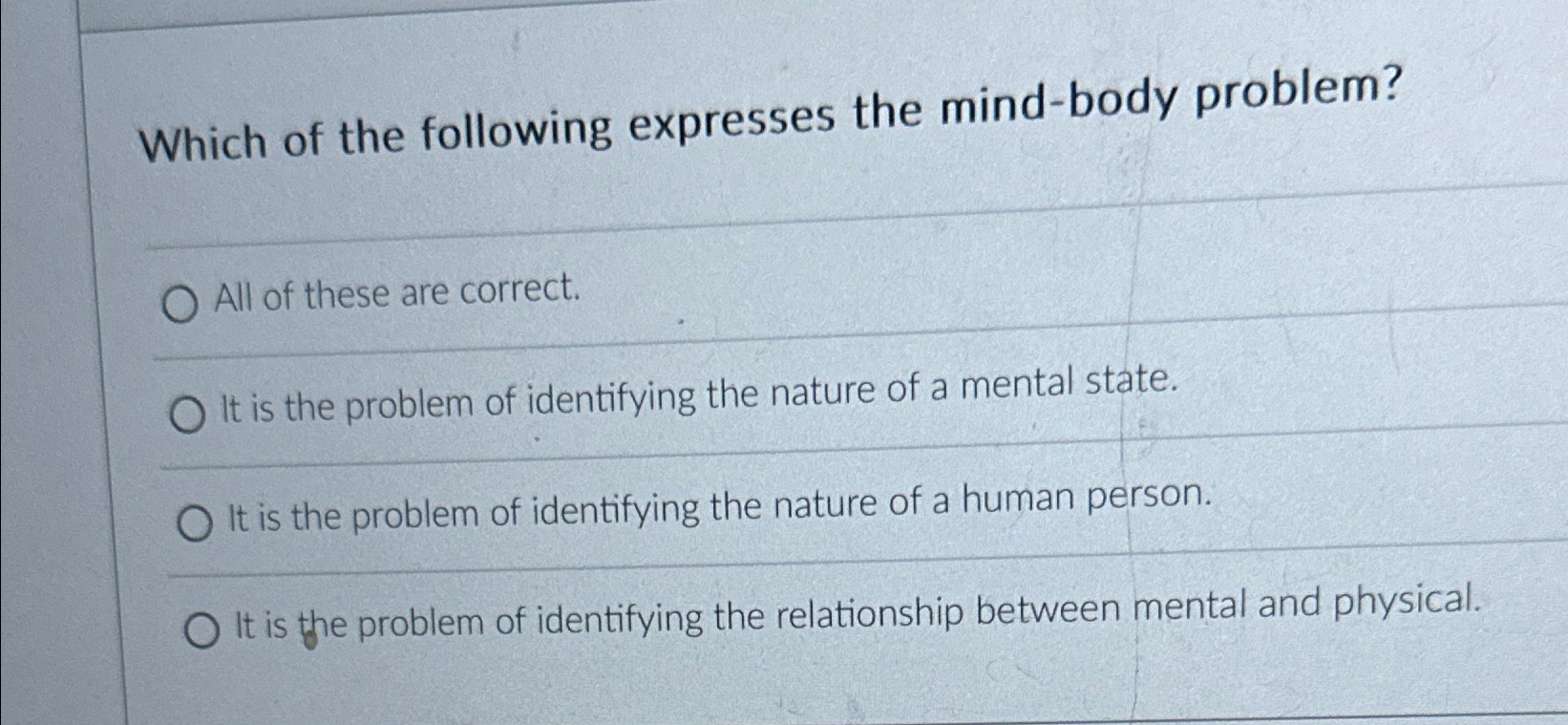 Solved Which of the following expresses the mind-body | Chegg.com