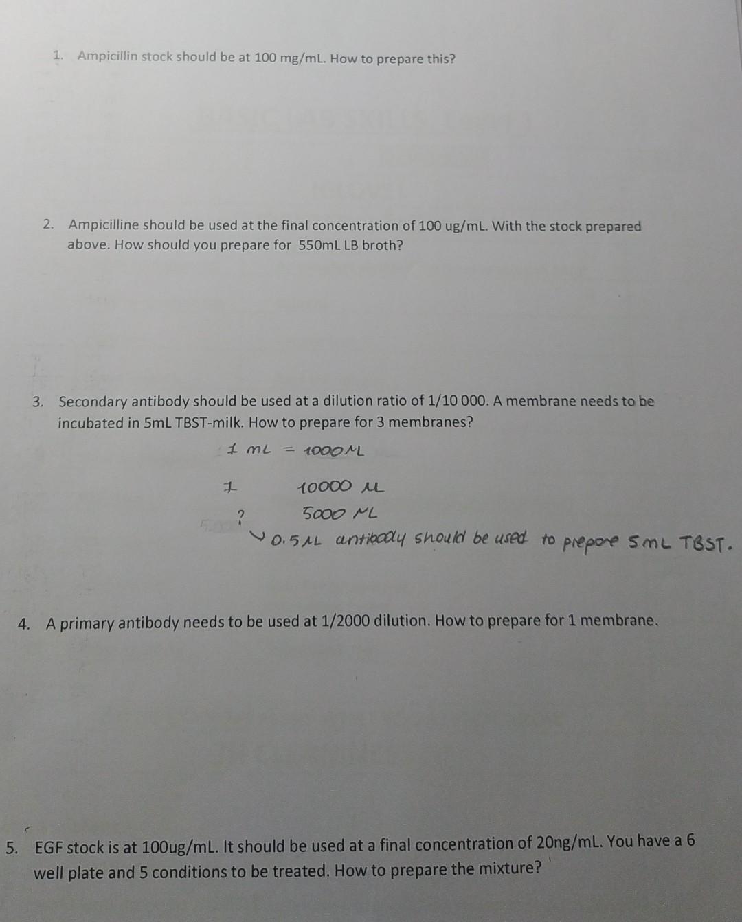 Solved 1. Ampicillin stock should be at 100mg/mL. How to | Chegg.com