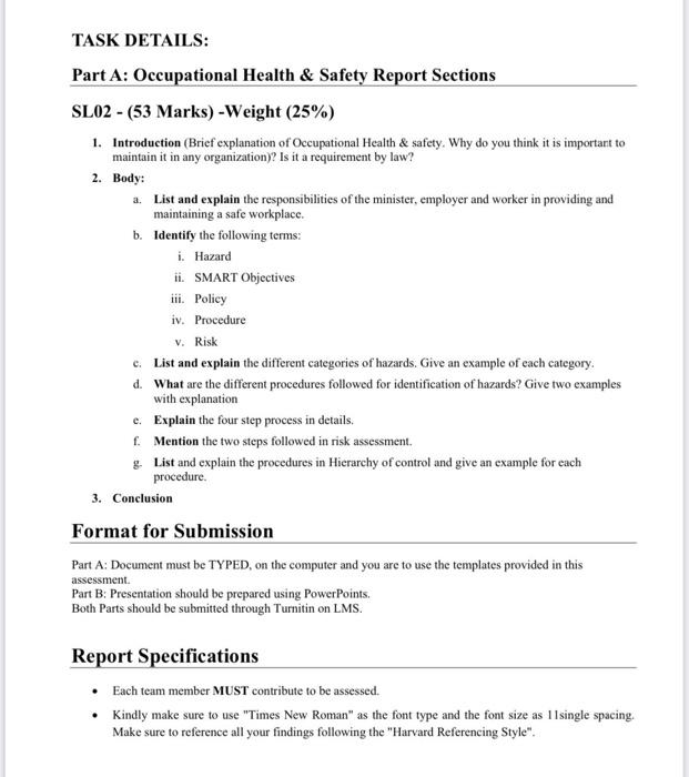 TASK DETAILS: Part A: Occupational Health & Safety | Chegg.com