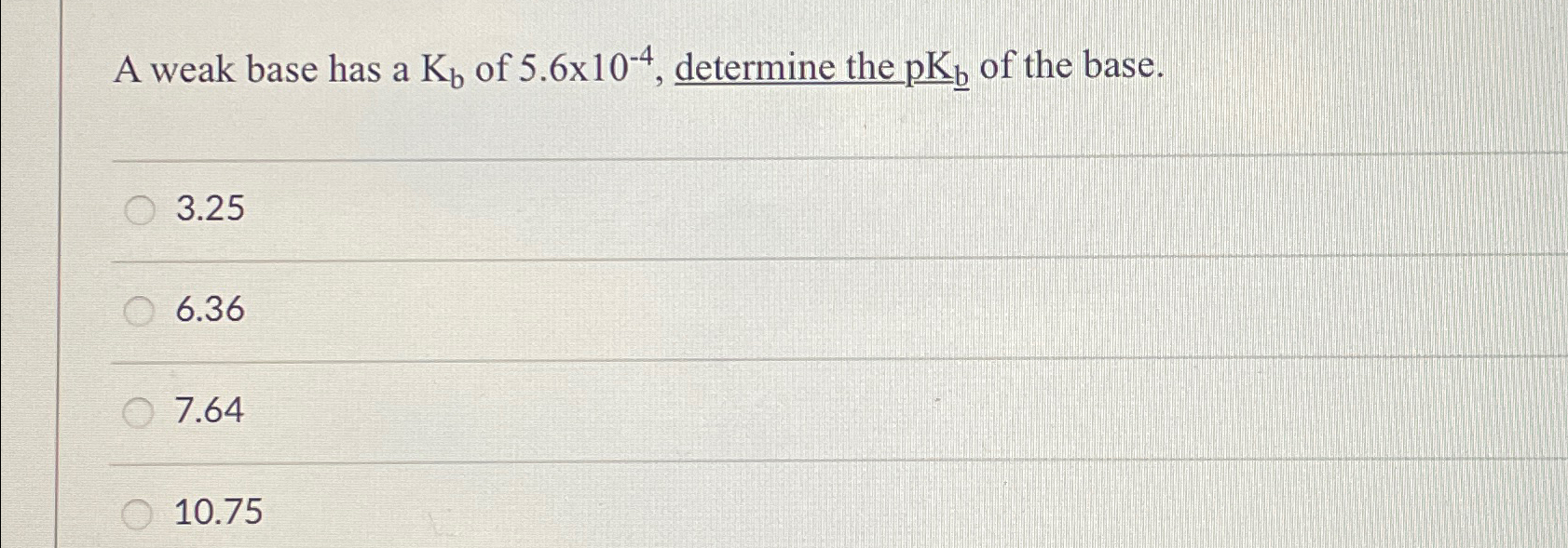 Solved A weak base has a Kb ﻿of 5.6×10-4, ﻿determine the | Chegg.com