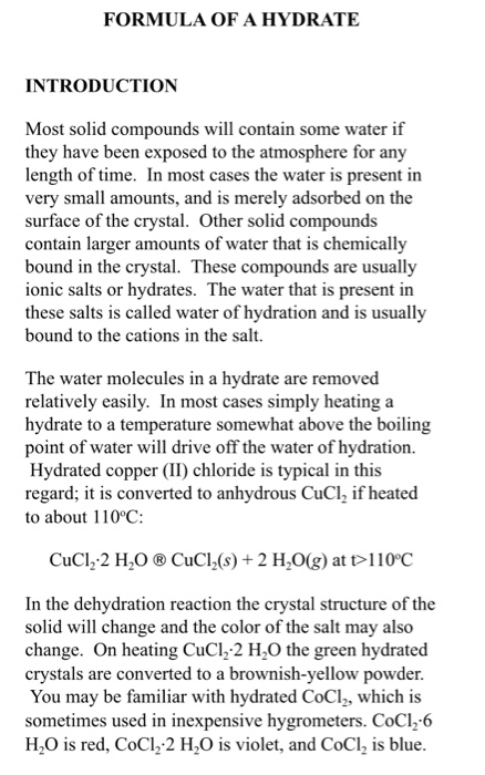 Solved FORMULA OF A HYDRATE INTRODUCTION Most solid | Chegg.com