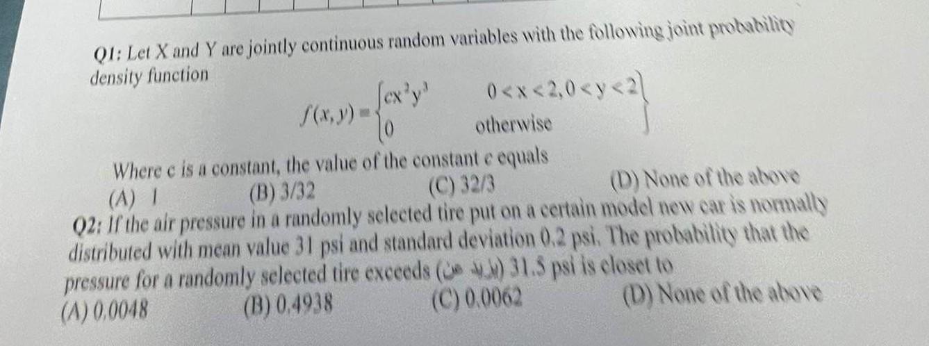 Solved Q1: Let X and Y are jointly continuous random | Chegg.com