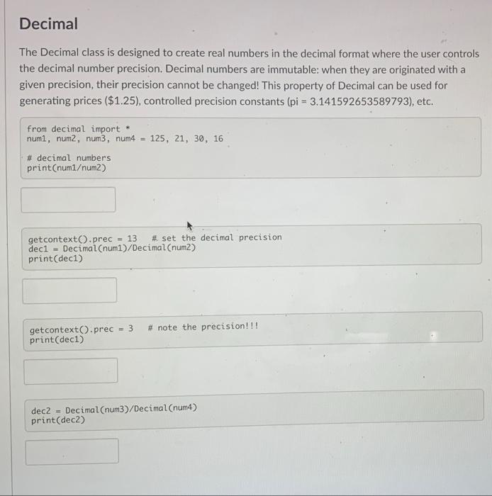Solved Decimal The Decimal class is designed to create real | Chegg.com