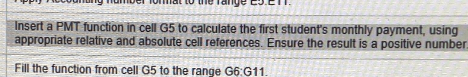 Solved Insert a PMT function in cell G5 ﻿to calculate the | Chegg.com