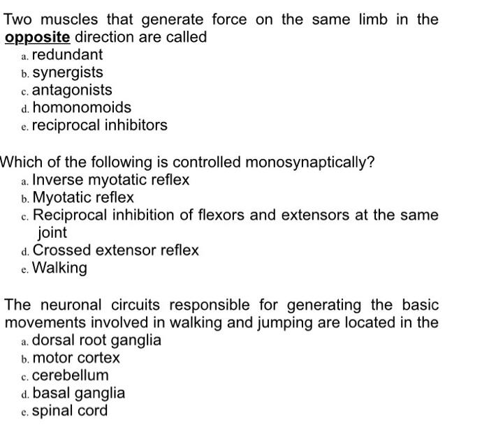 Solved Two muscles that generate force on the same limb in | Chegg.com