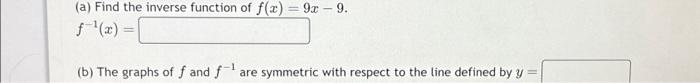 Solved (a) Find the inverse function of f(x) = 9x — 9. | Chegg.com