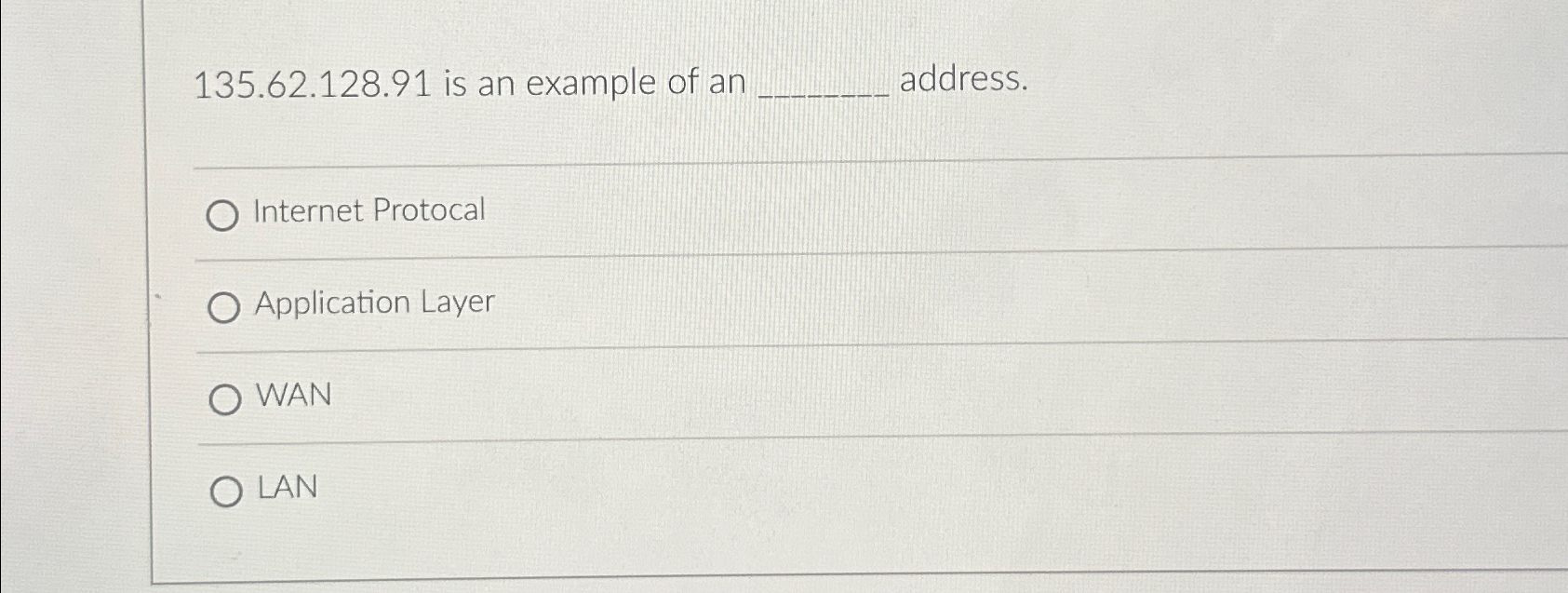 Solved 135.62.128.91 ﻿is an example of an address.Internet | Chegg.com
