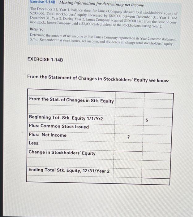 Solved Exercise 1-14B Missing information for determining | Chegg.com