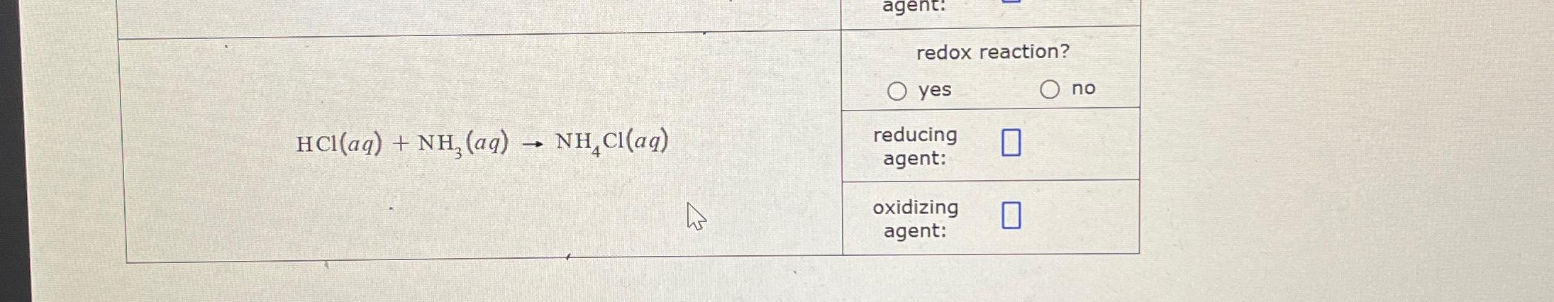 Solved HCl(aq)+NH3(aq)→NH4Cl(aq) | Chegg.com