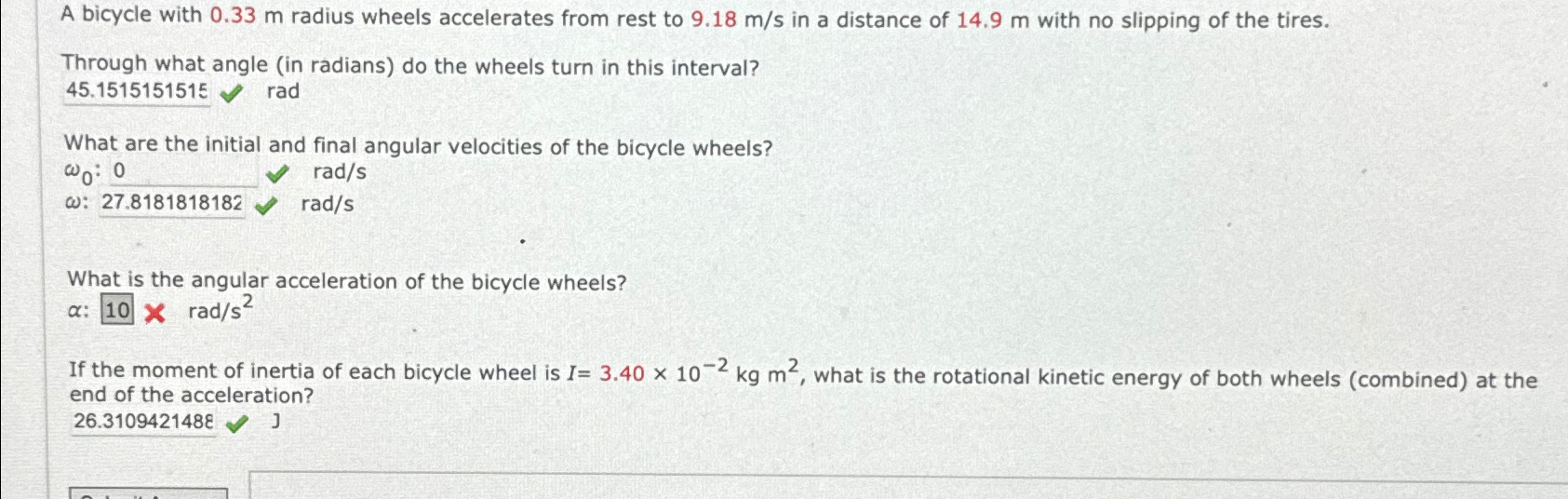 Solved A bicycle with 0.33m ﻿radius wheels accelerates from | Chegg.com