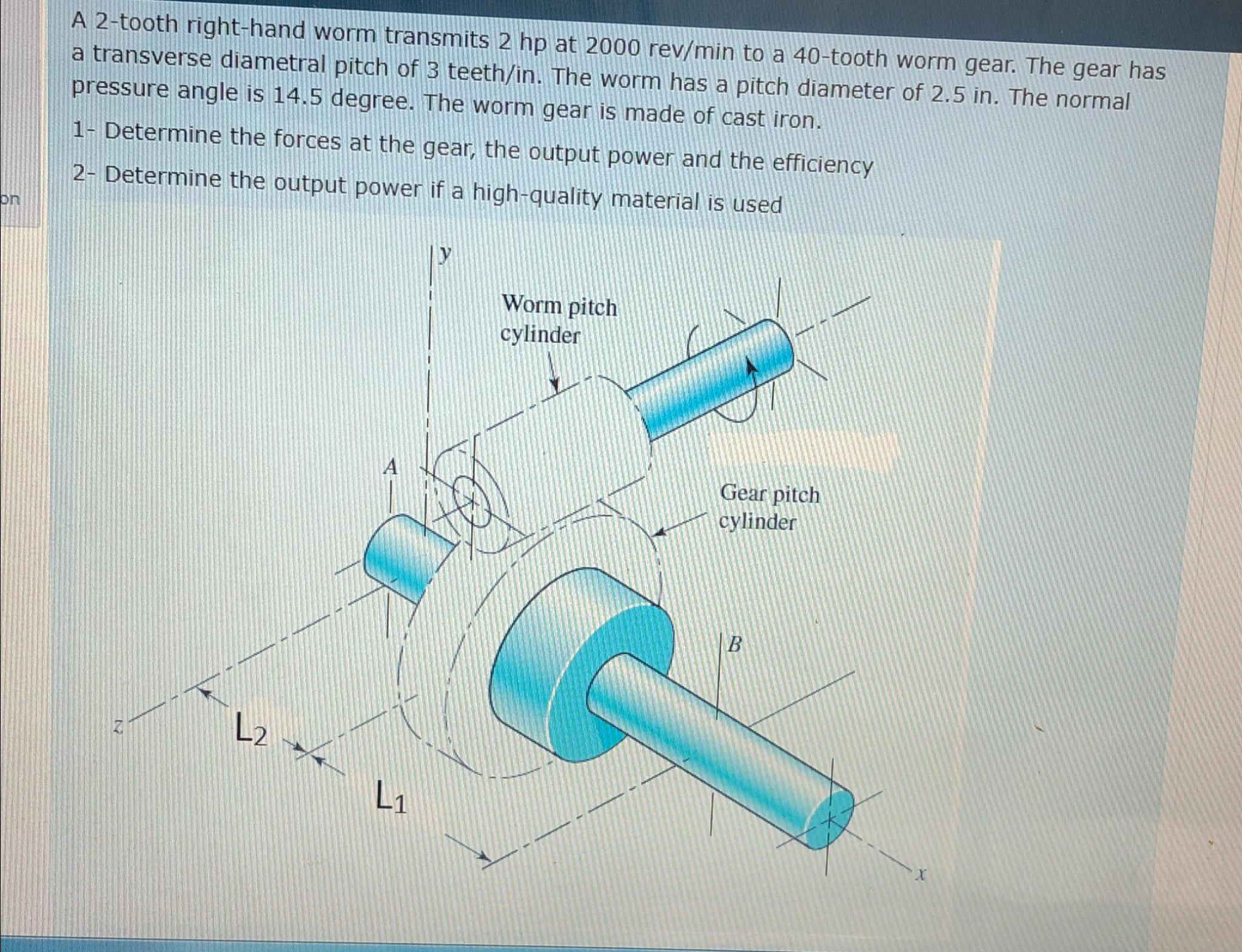 Solved A 2-tooth right-hand worm transmits 2hp ﻿at | Chegg.com
