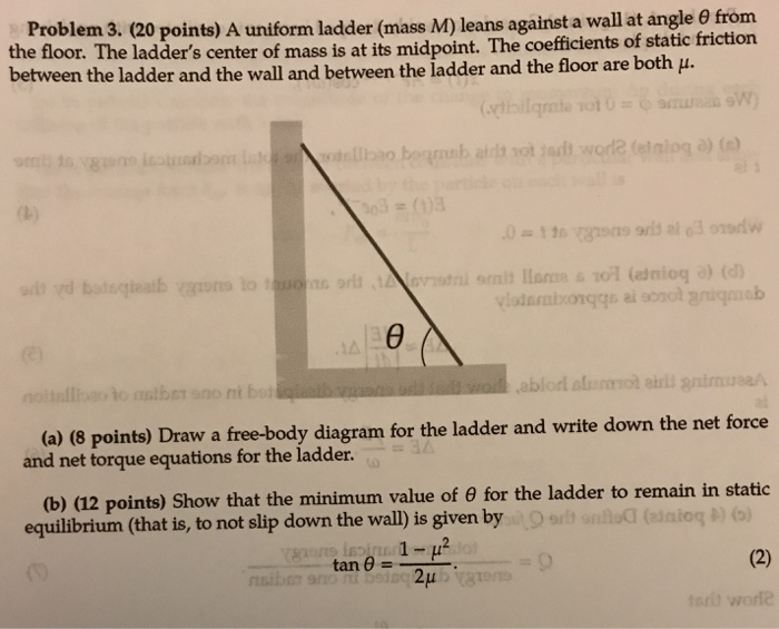 Solved Problem 3. (20 points) A uniform ladder (mass M) | Chegg.com