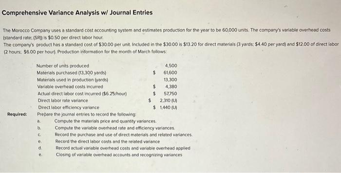 Solved Comprehensive Variance Analysis w/ Journal Entries | Chegg.com