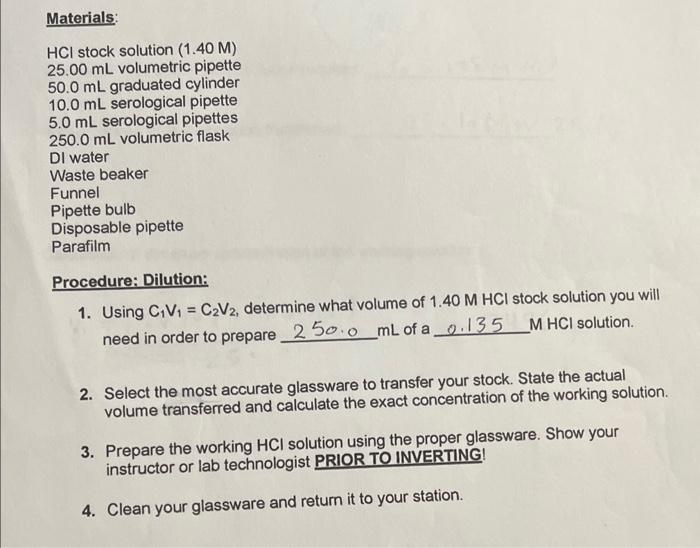 Solved HCl stock solution (1.40 M ) 25.00 mL volumetric | Chegg.com