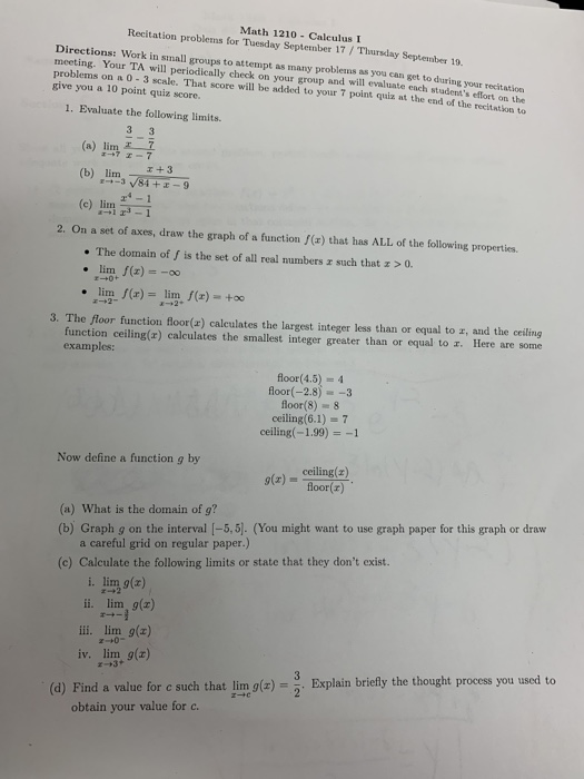 Solved Math 1210 - Calculus I Recitation problems for | Chegg.com