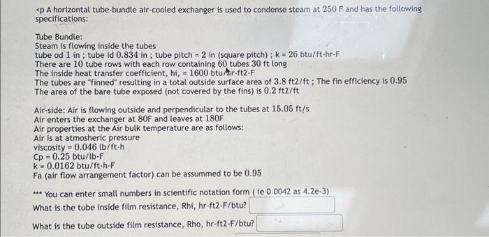 «p A horizontal tube-bundle air-cooled exchanger is | Chegg.com