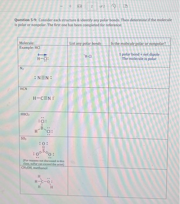 Solved Molecule: Example: HCI N₂ HCN Question 5-9: Consider | Chegg.com