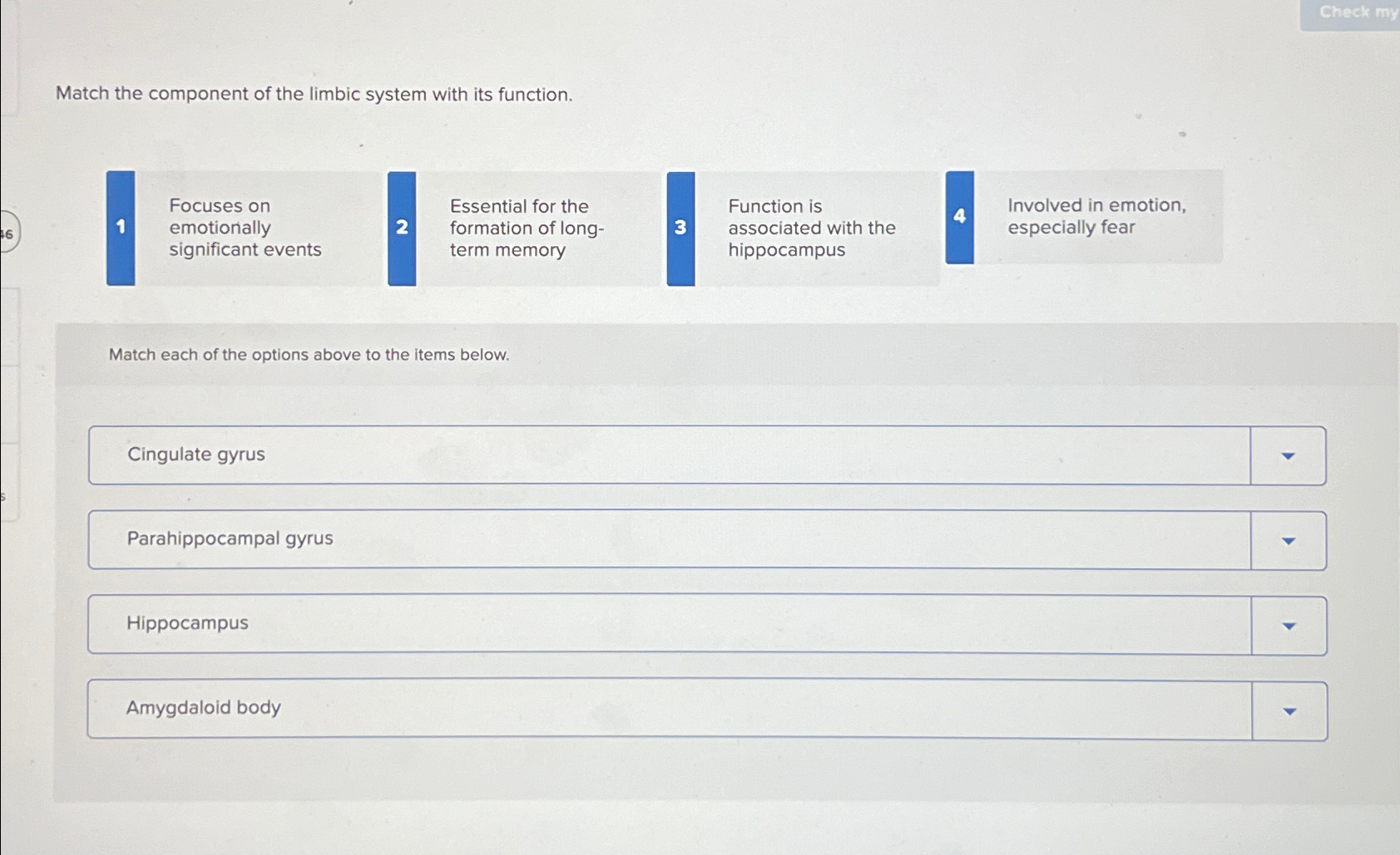 Solved Check myMatch the component of the limbic system with | Chegg.com