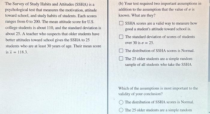 The Survey of Study Habits and Attitudes (SSHA) is a | Chegg.com
