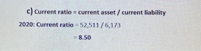 Solved c) Current ratio = current asset / current liability | Chegg.com