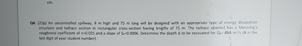 Solved Q4. (25p) ﻿An uncontrolled spillway, 8m ﻿high and 75m | Chegg.com