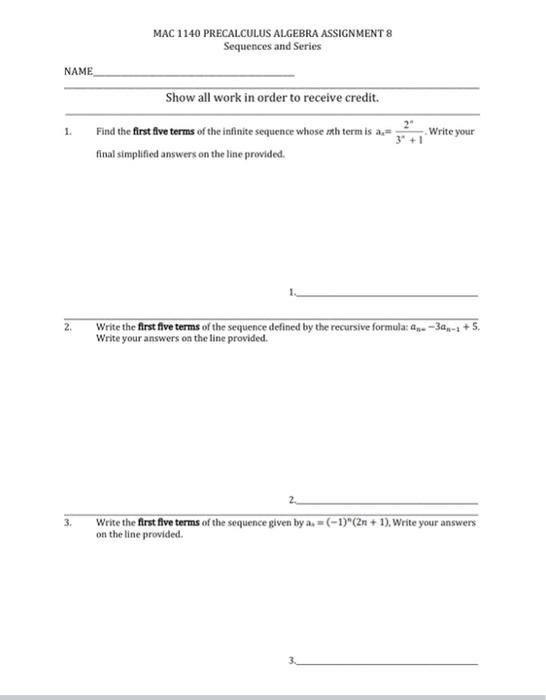 Solved MAC 1140 PRECALCULUS ALGEBRA ASSIGNMENTS Sequences | Chegg.com