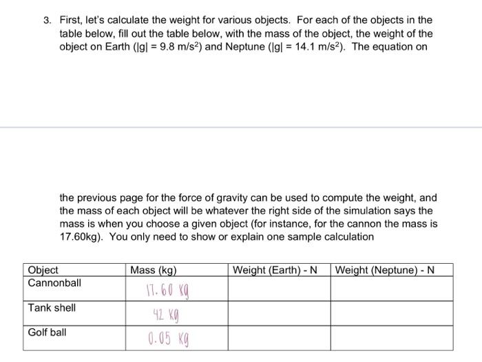 Solved 3. First, let's calculate the weight for various | Chegg.com