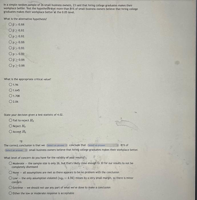 Solved In a simple random sample of 26 small business | Chegg.com