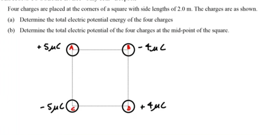 Solved Four charges are placed at the corners of a square | Chegg.com