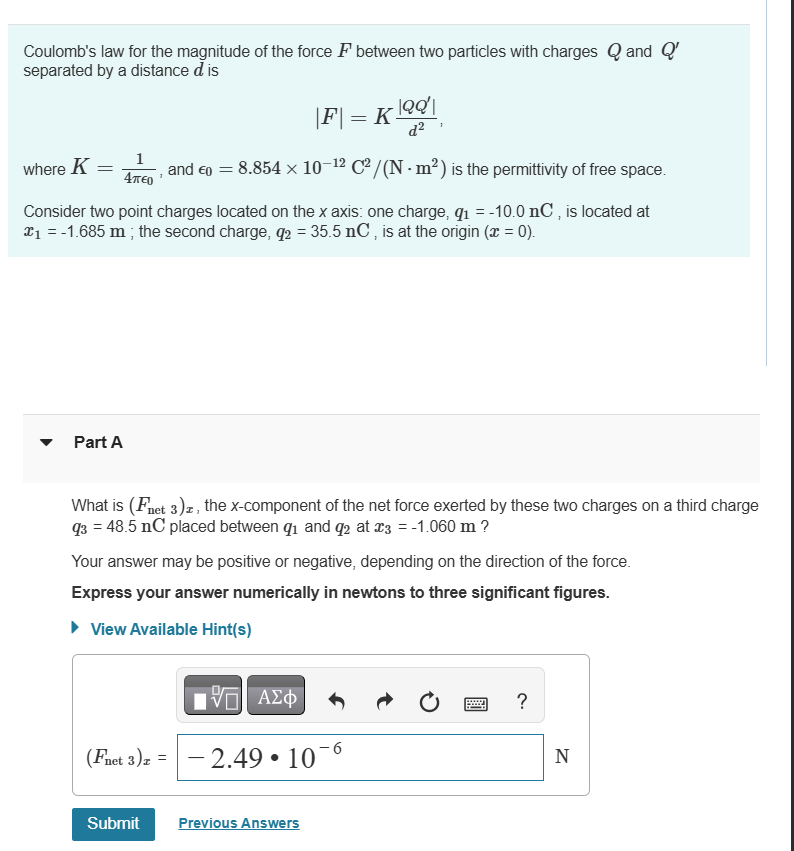 Solved Coulomb's law for the magnitude of ﻿the force F | Chegg.com
