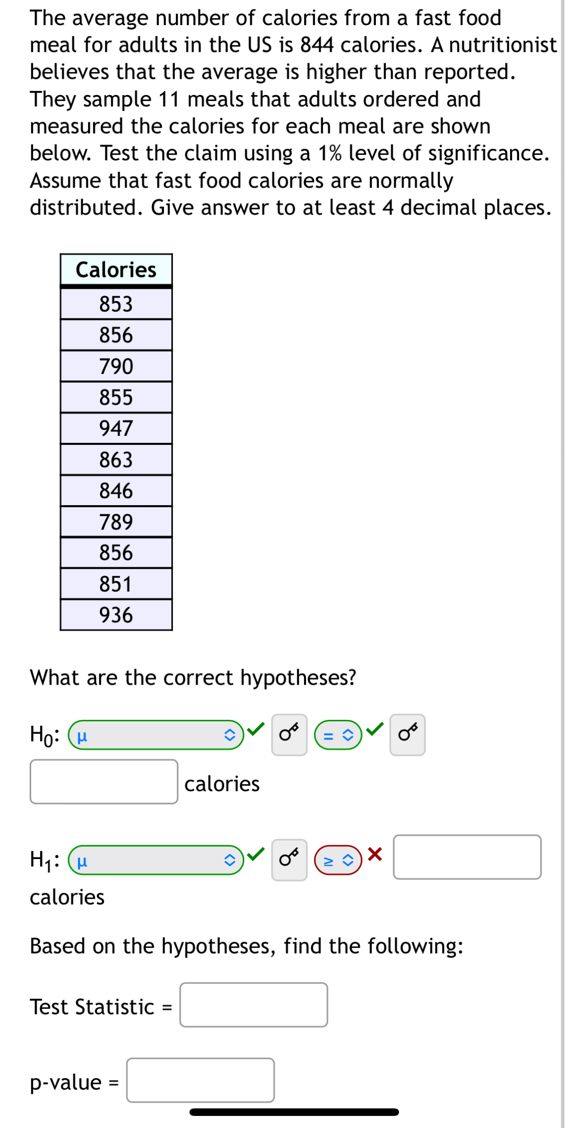 Solved The average number of calories from a fast food meal | Chegg.com