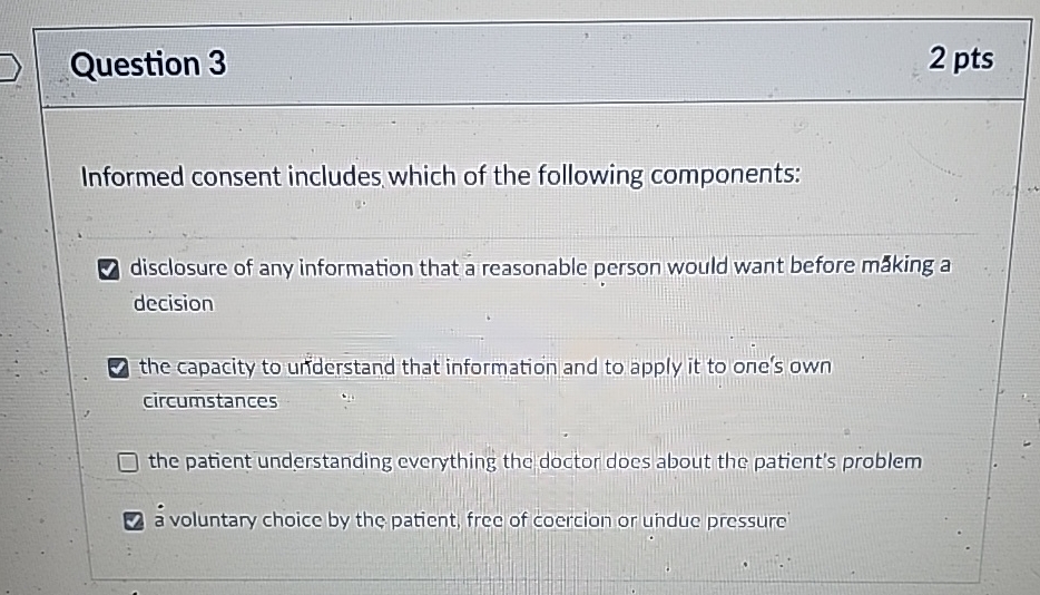 Solved Question 32 ﻿ptsInformed consent includes which of | Chegg.com