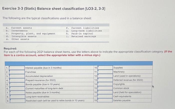 Solved Exercise 3-3 (Static) Balance sheet classification | Chegg.com