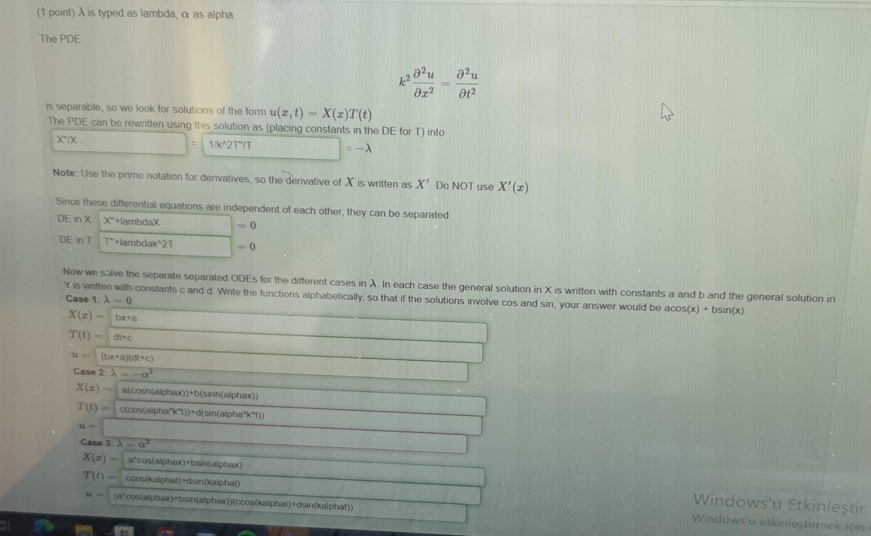 Solved (1 point) A is typed as lambda, a as alpha. The PDE | Chegg.com