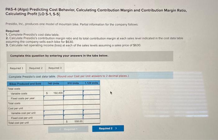 Solved PA5-4 (Algo) Predicting Cost Behavior, Calculating | Chegg.com