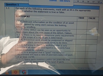 Solved Question 11.1For each of the following statements, | Chegg.com