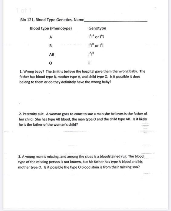 Solved Bio 121, Blood Type Genetics, Name Blood type | Chegg.com
