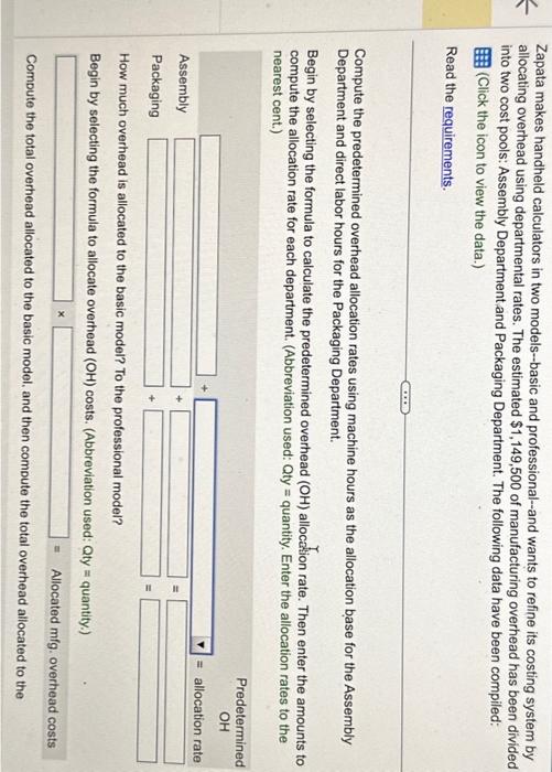 Solved Data tableZapata makes handheld calculators in two | Chegg.com