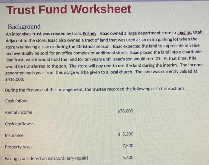 Solved Trust Fund Worksheet Background An inter vivos trust | Chegg.com