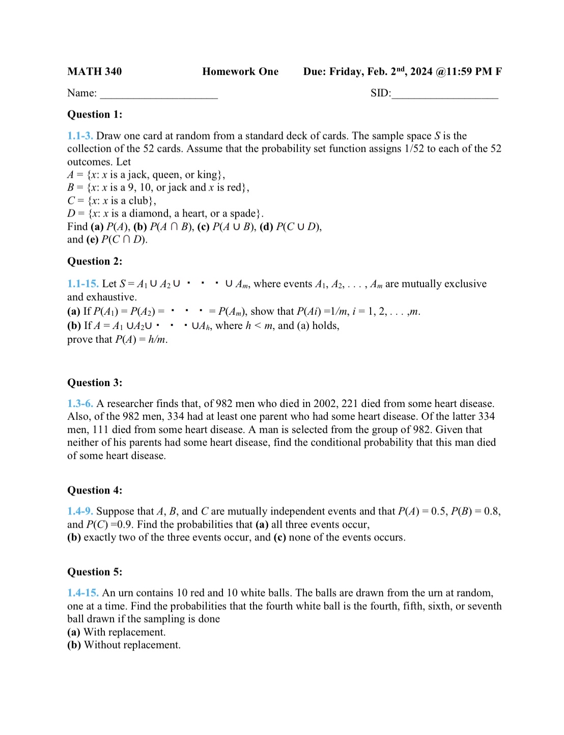 Solved MATH 340Homework OneDue: Friday, Feb. 2nd ,2024@11:59 | Chegg.com