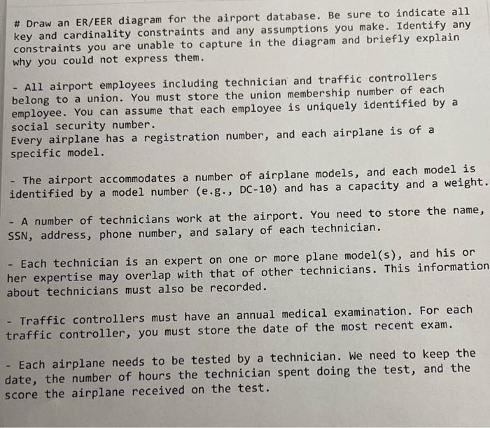 Solved \# Draw an ER/EER diagram for the airport database. | Chegg.com