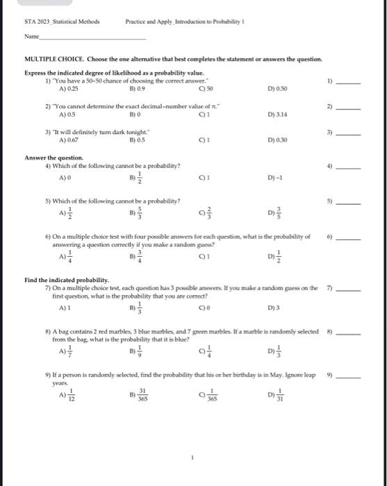 Solved STA 2023 Statistical Methods Name Practice and Apply | Chegg.com