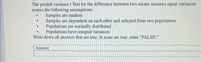 Solved The pooled-variance t Test for the difference between | Chegg.com