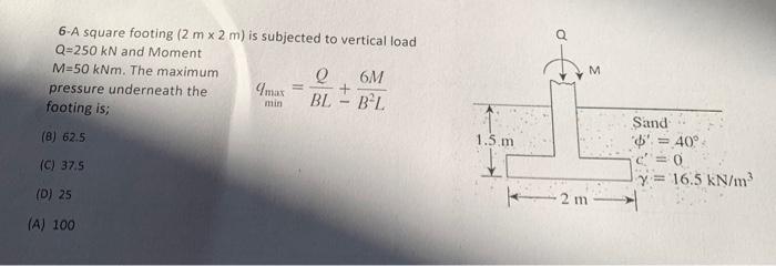 Solved 6-A square footing (2 m×2 m) is subjected to vertical | Chegg.com