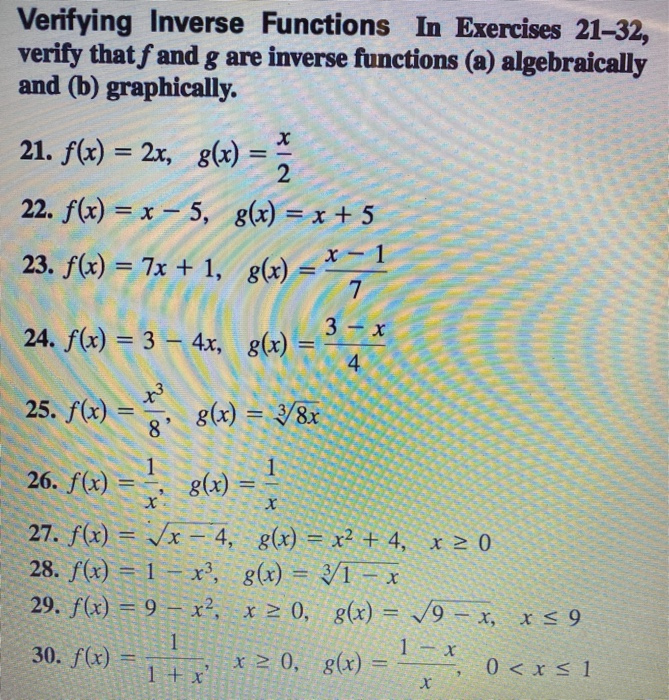Solved Verifying Inverse Functions In Exercises 21–32, | Chegg.com Solved Verifying Inverse Functions In Exercises 21–32, | Chegg.com