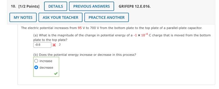 Solved The electric potential increases from 95 V to 700 V | Chegg.com