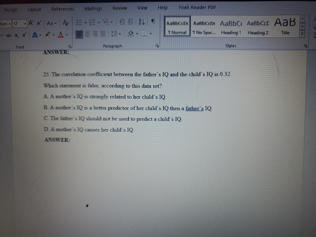 Solved Design Layout References Mailings Review View Foxit | Chegg.com