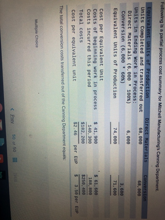 Solved Following is a partial process cost summary for | Chegg.com