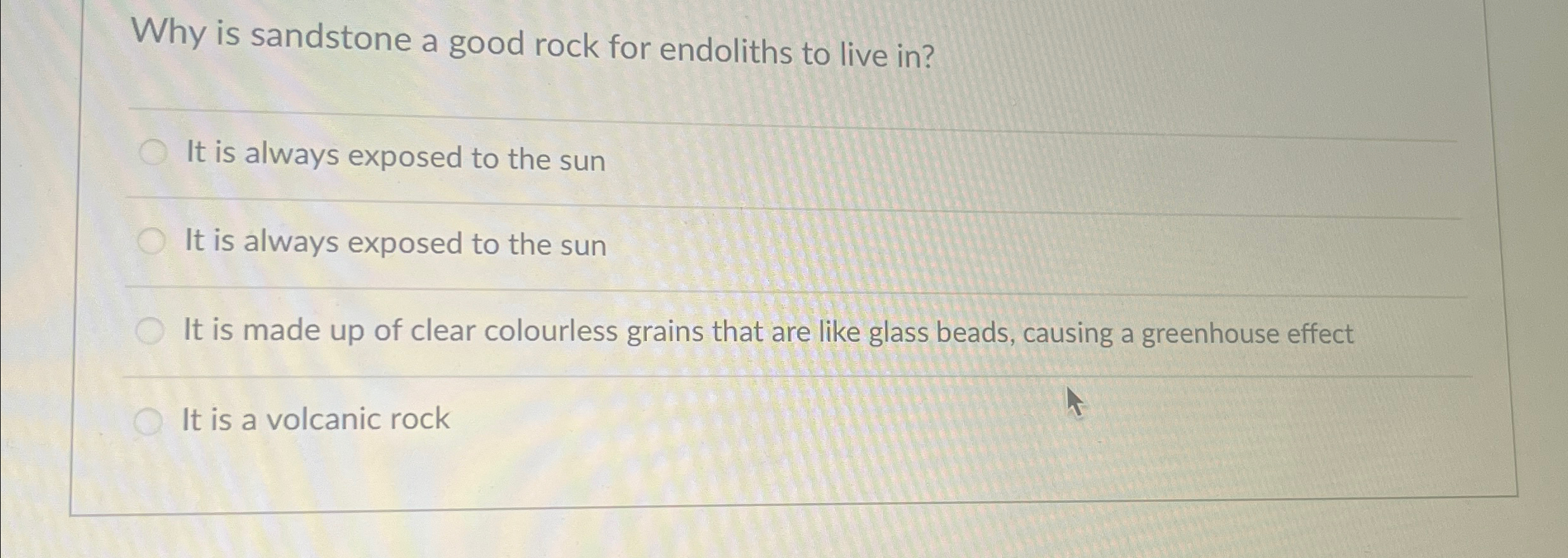 Solved Why is sandstone a good rock for endoliths to live | Chegg.com